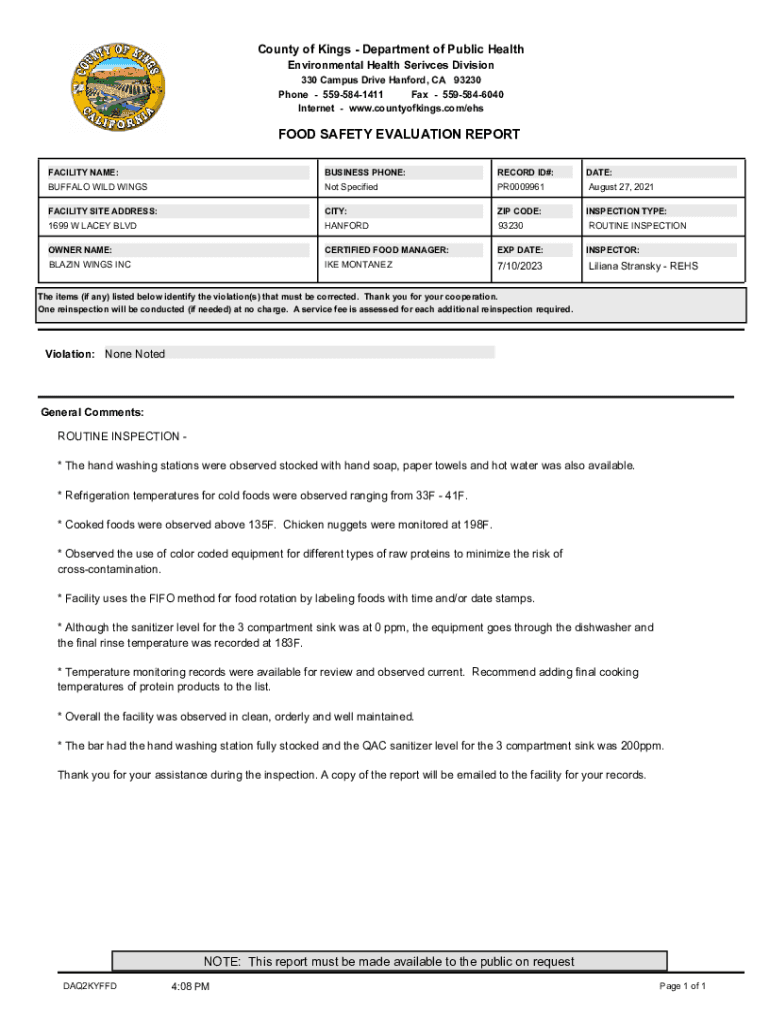 Fillable Online FOOD SAFETY EVALUATION REPORT - Kings County Fax Email ...
