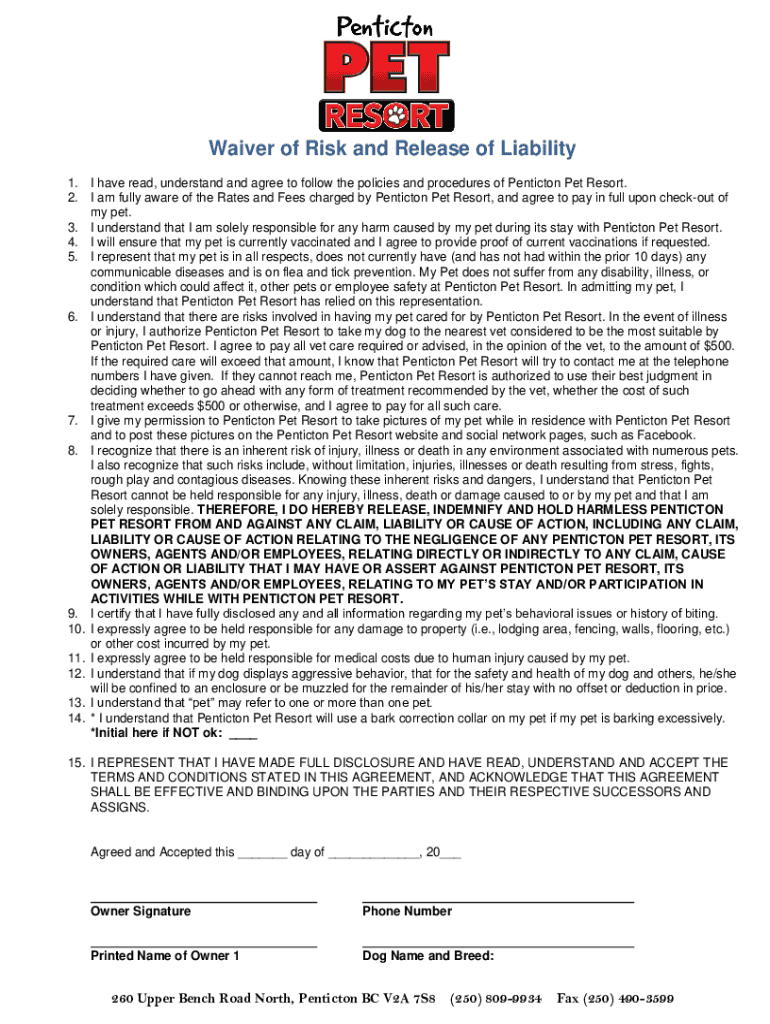 Fillable Online Waiver of Risk and Release of Liability - Penticton Pet ...