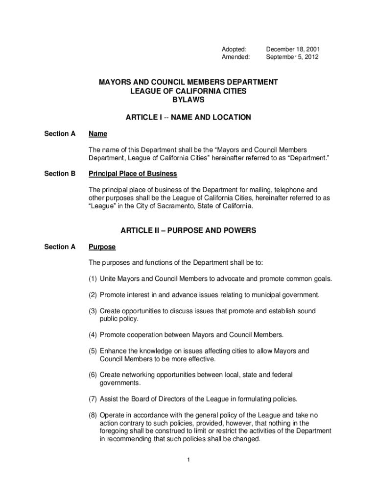Fillable Online Mayors and Council Members Bylaws - Cal Cities Fax ...