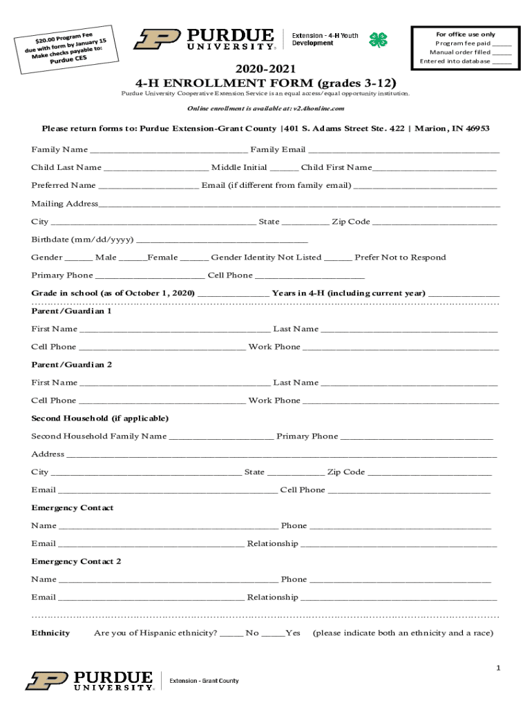 Fillable Online 2020-2021 4-H ENROLLMENT FORM (grades 3-12) Fax Email ...