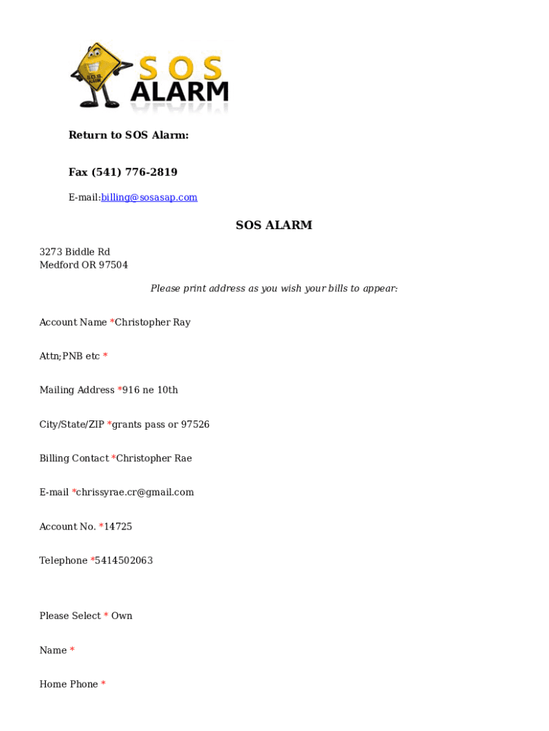 Fillable Online E-mail:billingsosasap.com - SOS Alarm Fax Email Print - pdfFiller