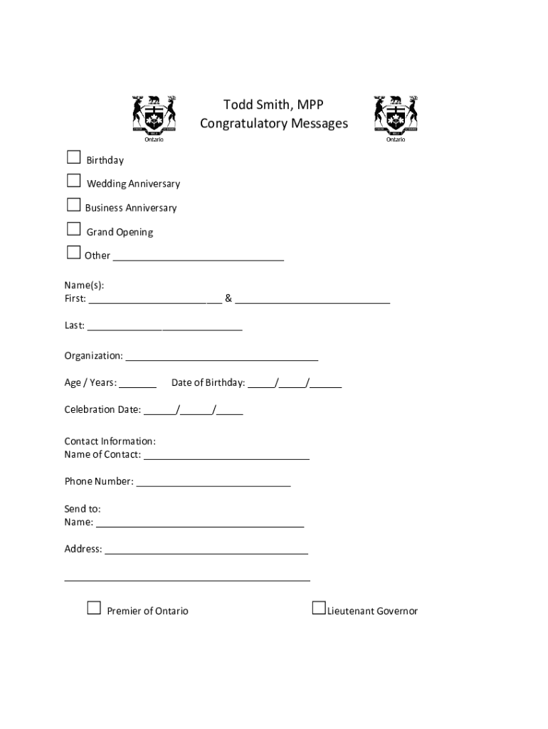 Fillable Online Todd Smith, MPP Congratulatory Messages Fax Email Print ...