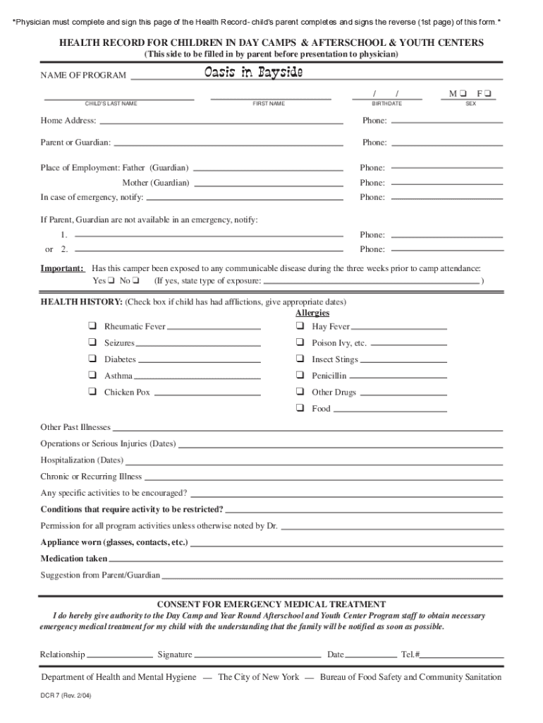 Fillable Online Oasis in Bayside - Oasis Day Camp Fax Email Print ...