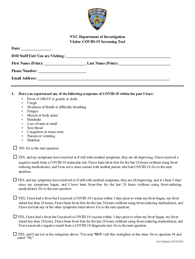 Fillable Online NYC Department of Investigation Visitor COVID-19 ...