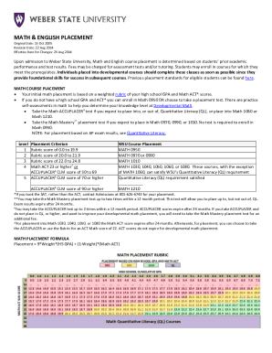 Fillable Online apps weber WSU Assessment and Placement Standards (Con ...