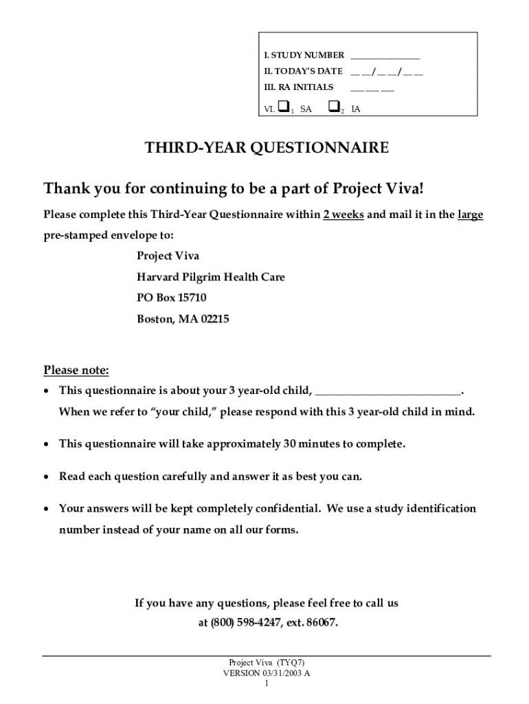 Fillable Online ONE-YEAR QUESTIONNAIRE - Harvard Medical School Fax ...