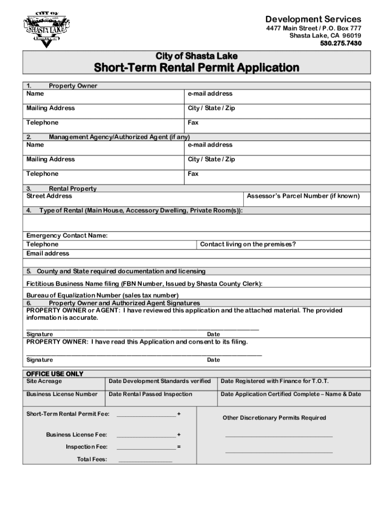 Fillable Online Development Services Department - City of Shasta Lake ...