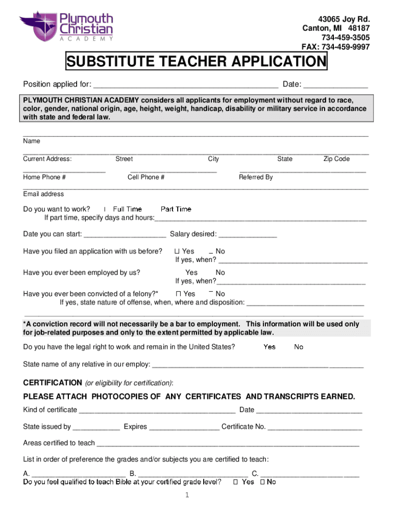 Fillable Online Substitute Teacher ApplicationPlymouth Christian Academy Fax Email Print - pdfFiller