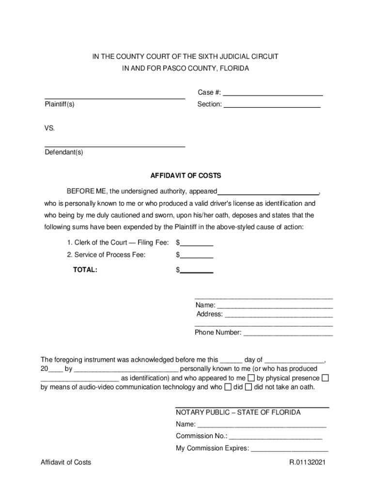 Fillable Online Affidavit of Costs R.01132021 IN THE COUNTY COURT OF ...