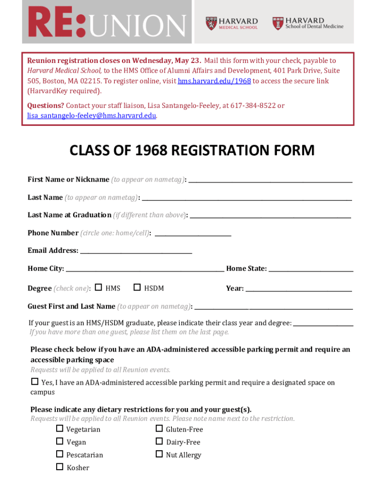 Fillable Online hms harvard Class of 1968 early registration form ...