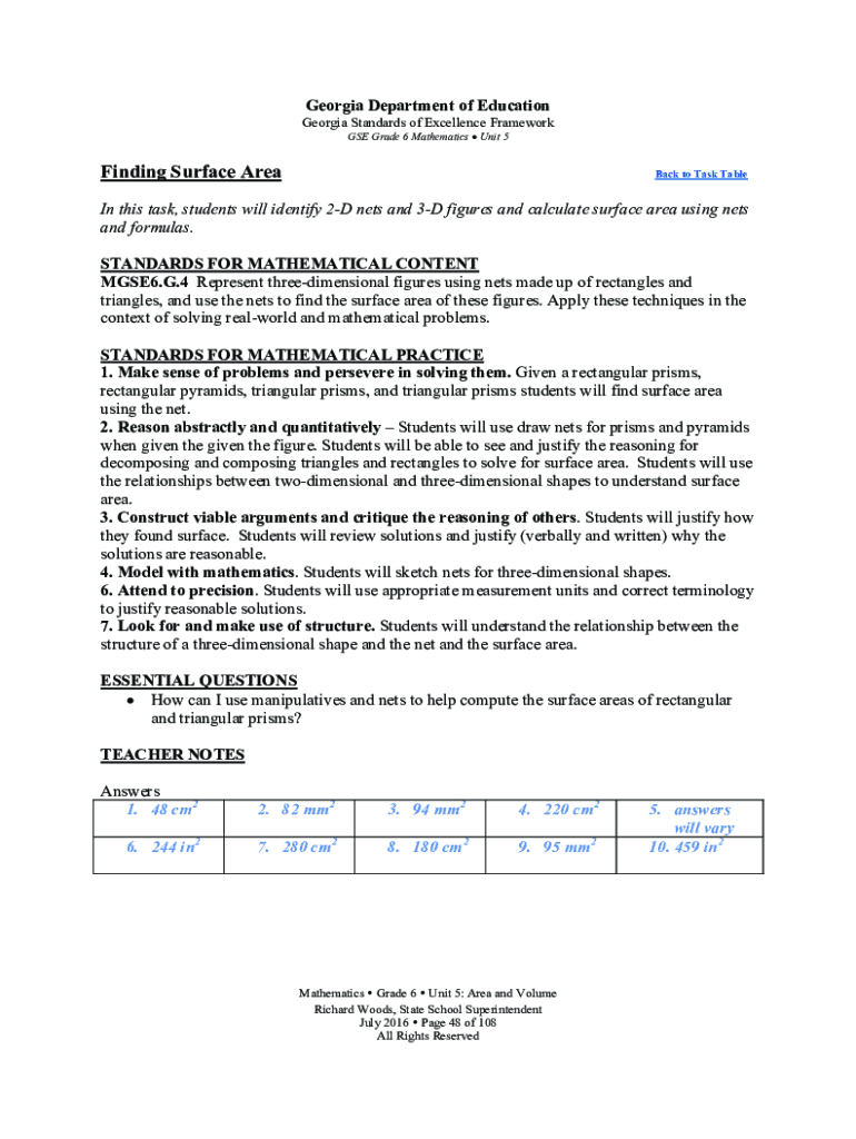 Fillable Online GSE Grade 6 Unit 5: Area and Volume - Georgia Standards ...