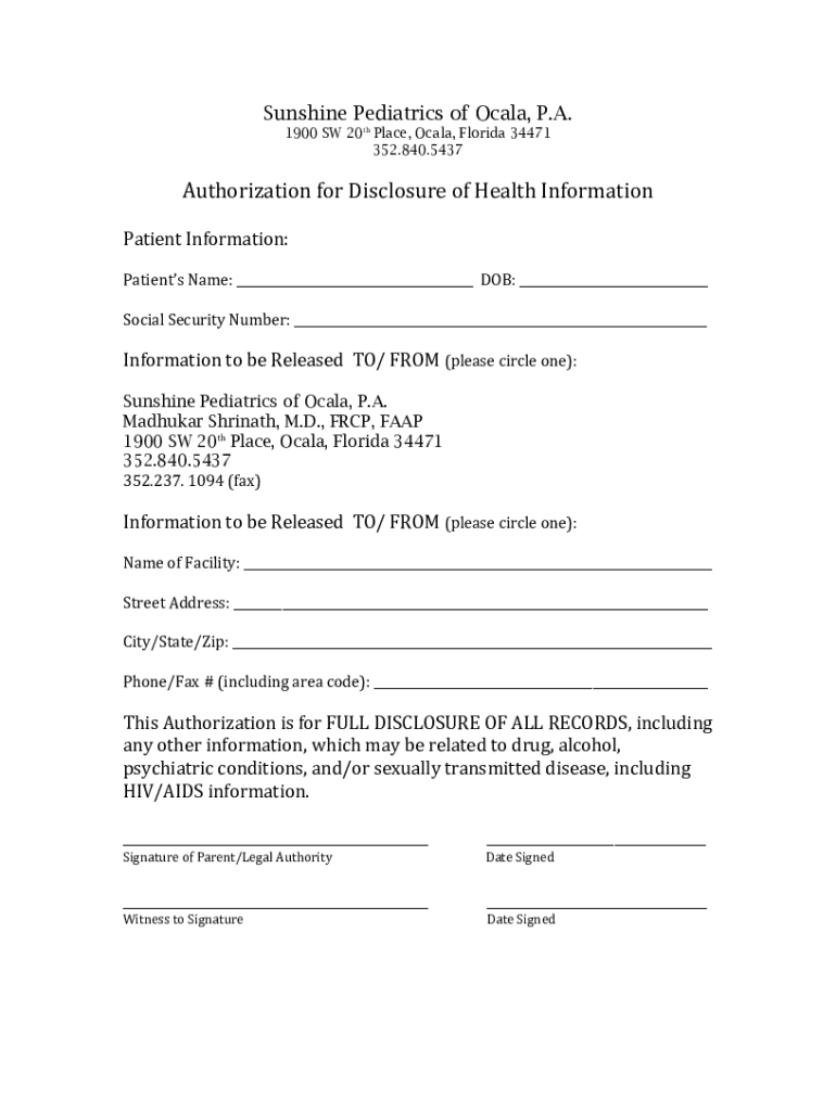 Fillable Online Medical Release Form - Sunshine Pediatrics Fax Email ...