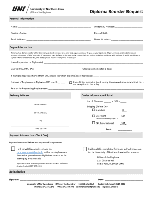 Fillable Online Diploma Reorder Request - Office of the Registrar Fax ...