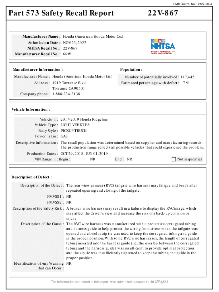 Fillable Online Part 573 Safety Recall Report 22V-867 NHTSA Fax Email ...