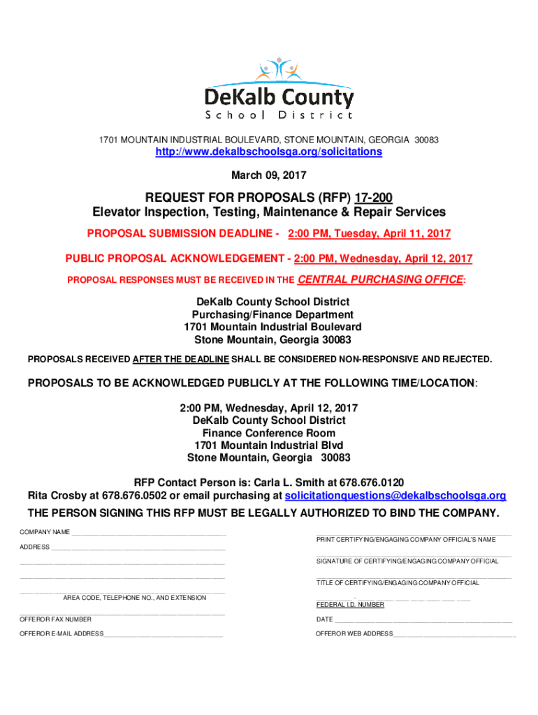 Fillable Online RFP 17-200 Elevator Inspection, Testing, Maintenance ...