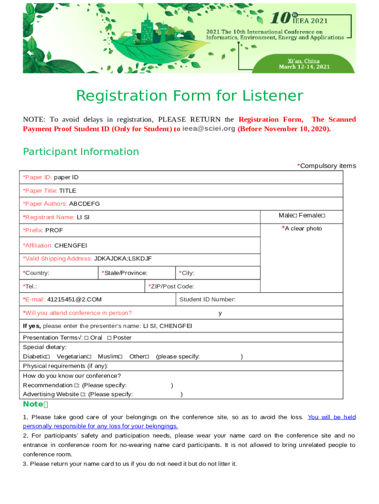 Registration for Listener Doc Template | pdfFiller