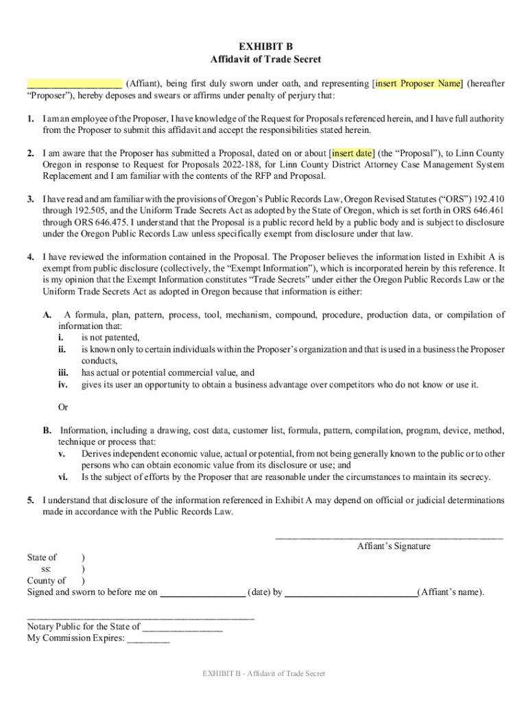 Fillable Online RFP template Att B - affidavit of trade secret - BidNet ...