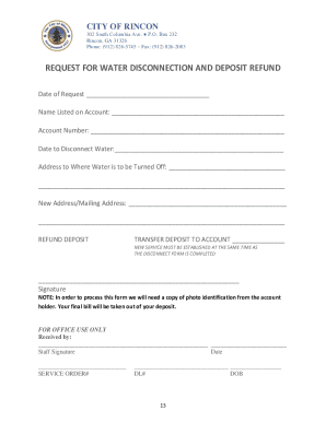 Fillable Online REQUEST FOR WATER DISCONNECTION AND DEPOSIT ... Fax ...
