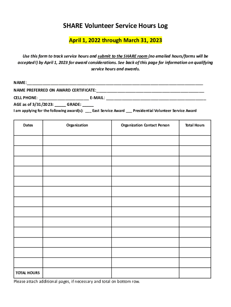 Fillable Online SHARE Volunteer Service Hours Log Fax Email Print ...