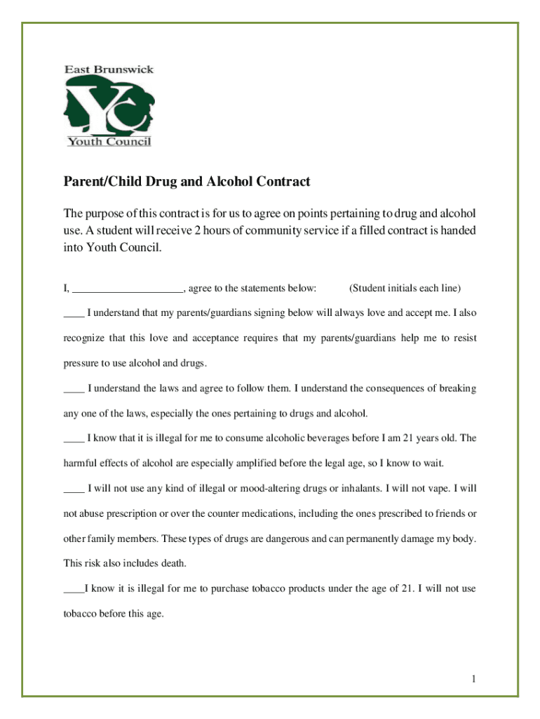 Parent/Child Drug and Alcohol Contract - Blank Fillable Template | Fill ...