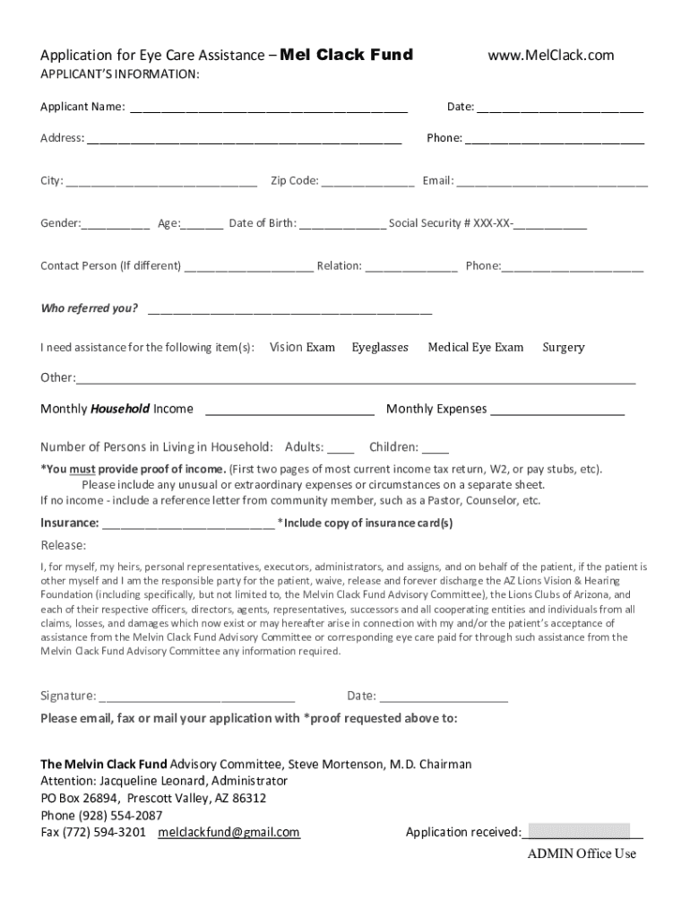 Fillable Online The Mel Clack Fund - Application for Eye Care ...