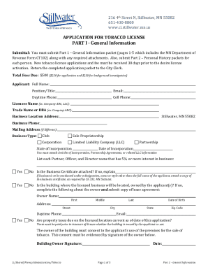 Fillable Online APPLICATION FOR TOBACCO LICENSE PART I - General ...