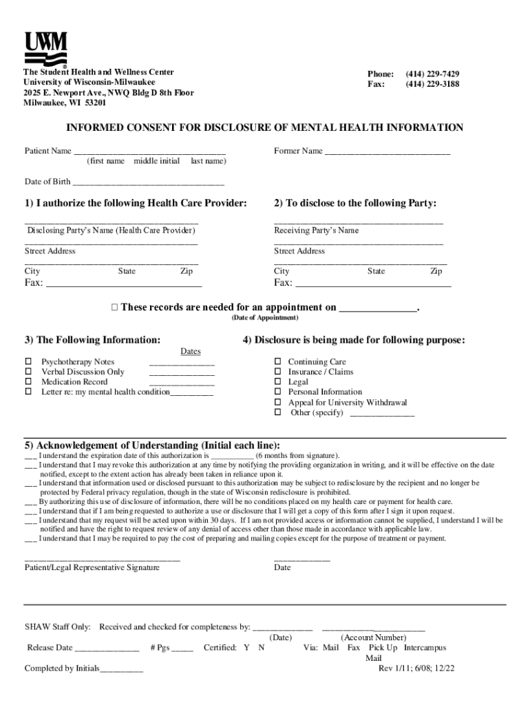 Fillable Online INFORMED CONSENT FOR DISCLOSURE OF MENTAL HEALTH ...