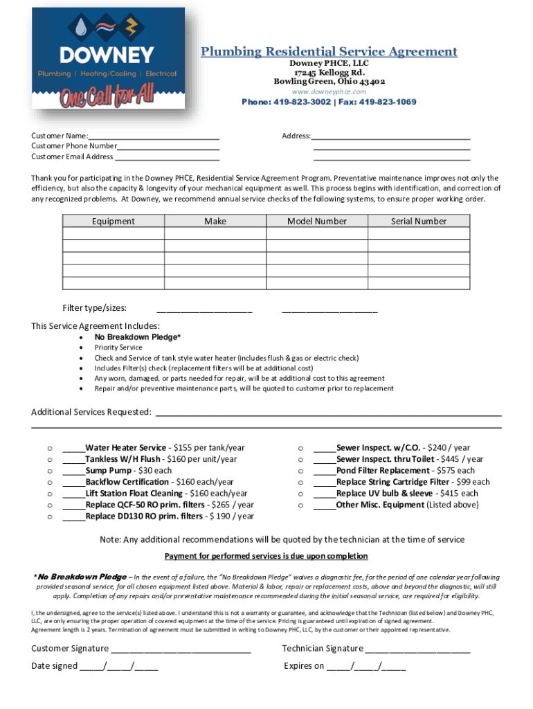 Fillable Online Plumbing Residential Service Agreement Downey PHCE Fax Email Print - pdfFiller