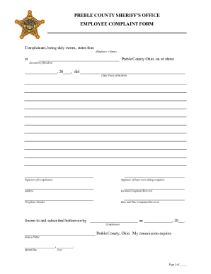 Fillable Online PREBLE COUNTY SHERIFF'S OFFICE EMPLOYEE COMPLAINT ... Fax Email Print - pdfFiller