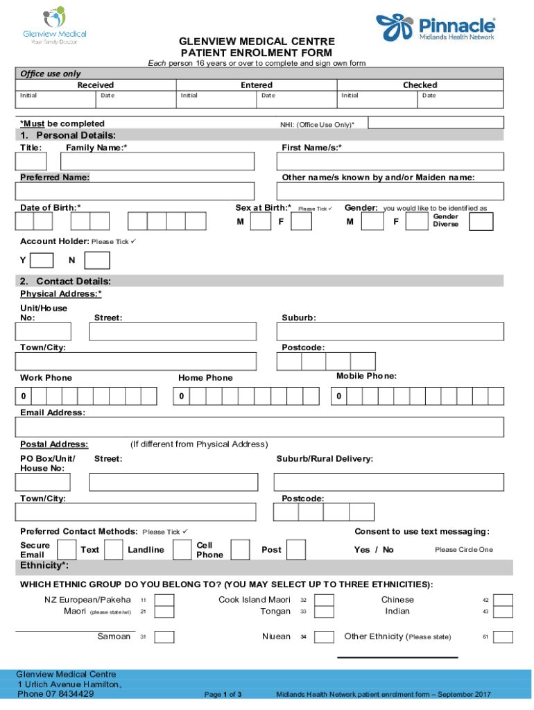 Fillable Online GLENVIEW MEDICAL CENTRE PATIENT ENROLMENT FORM Fax Email Print - pdfFiller