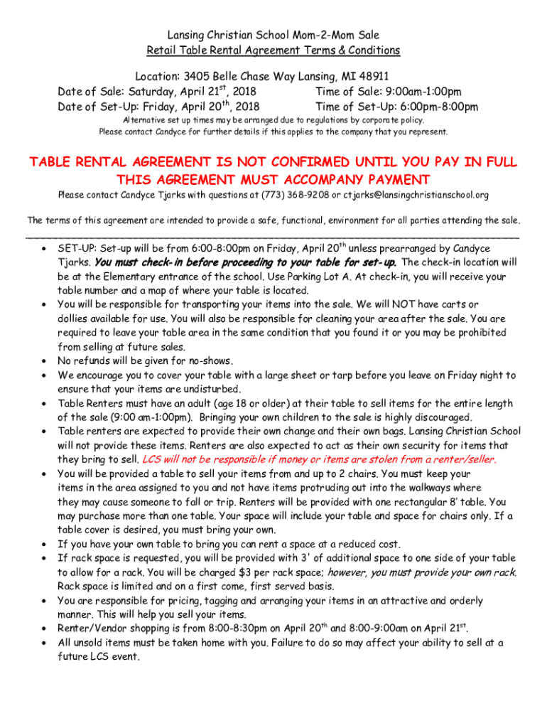 Fillable Online TABLE RENTAL AGREEMENT IS NOT CONFIRMED UNTIL YOU ...