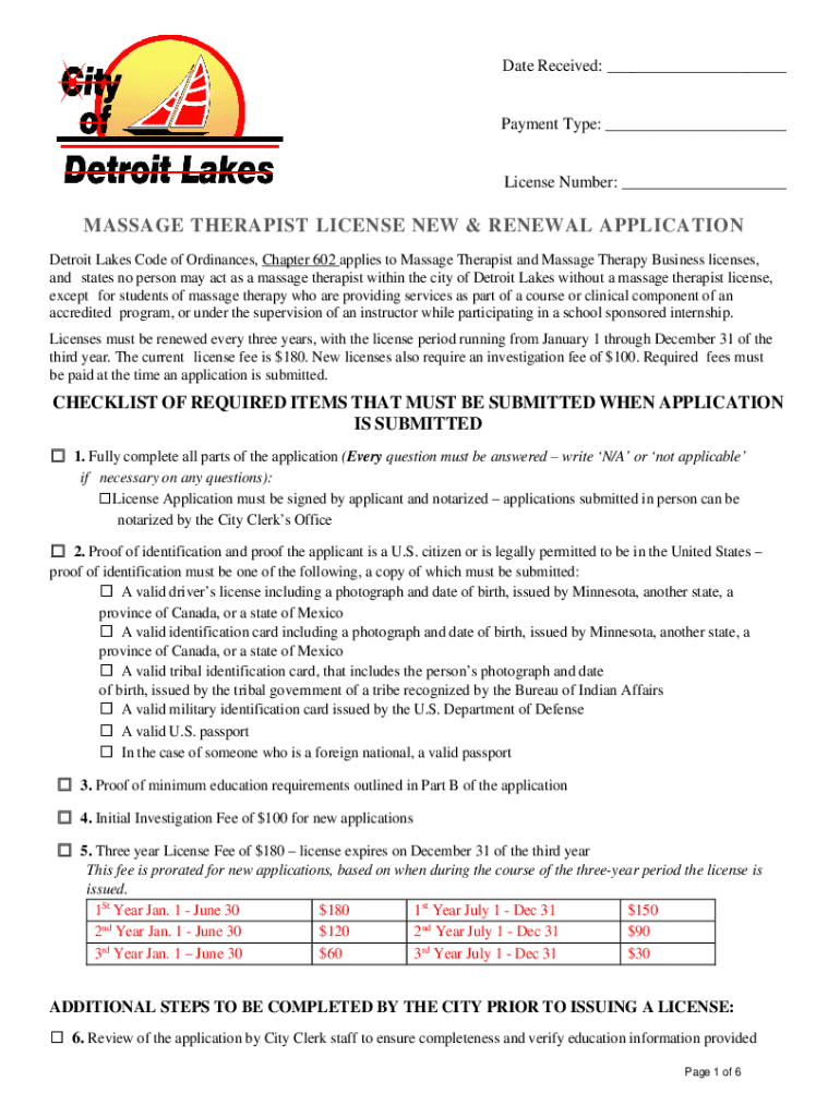 Fillable Online Re: Massage Therapist License Application ... - City of ...