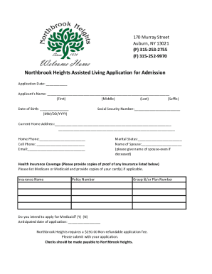 Fillable Online Northbrook Heights Assisted Living Application for ...