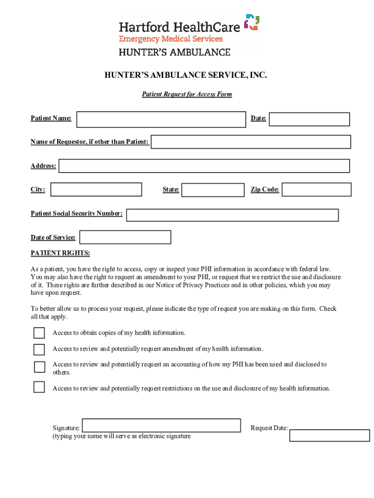 Fillable Online Patient Request for Access Form - Hunter's Ambulance ...