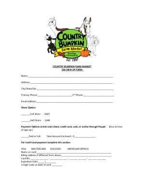 Fillable Online COUNTRY BUMPKIN FARM MARKET CSA SIGN UP FORM Name ...