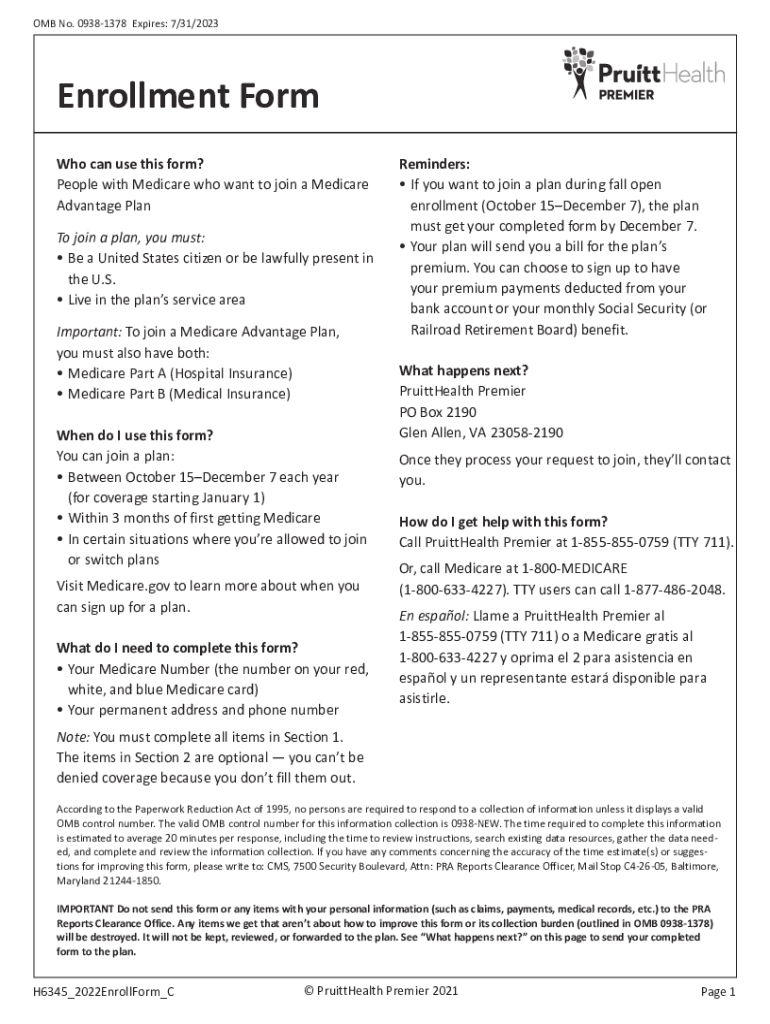 Fillable Online Enrollment Form - PruittHealth Premier Fax Email Print - pdfFiller