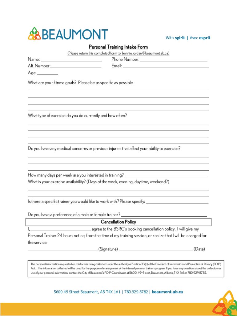 Fillable Online Personal Training Intake Form - City of Beaumont Fax ...