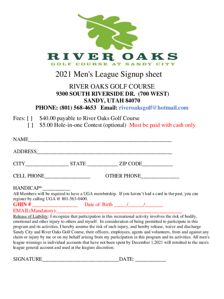 Fillable Online 2021 Men's League Signup sheet - RIVER OAKS GOLF COURSE ...