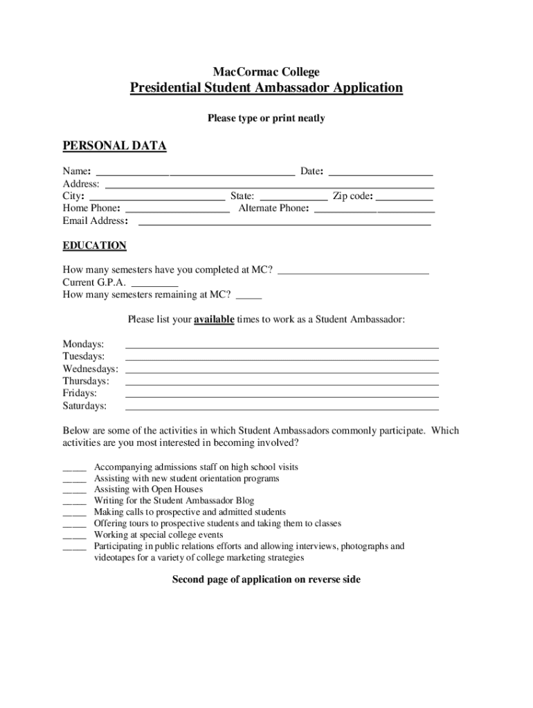 Fillable Online Application Student Ambassador - Colorado School of ...