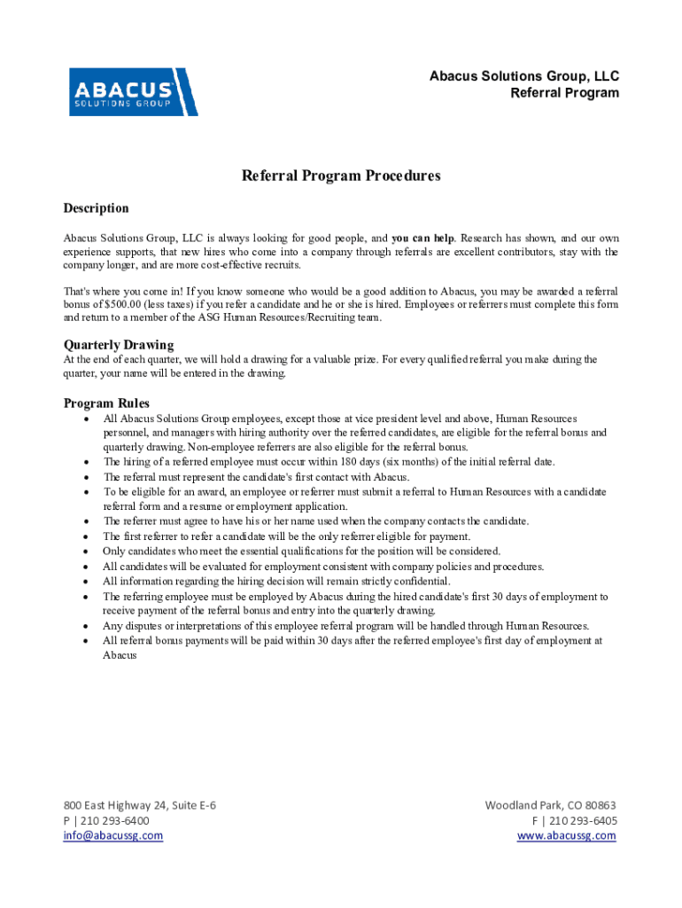 Fillable Online Abacus Solutions Group, LLC Employee Referral Program Fax Email Print - pdfFiller