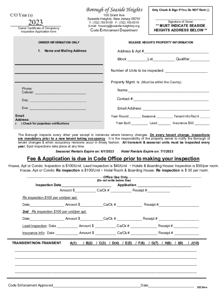 Rental CO Inspection Application - Borough of Seaside Heights: Fill out ...