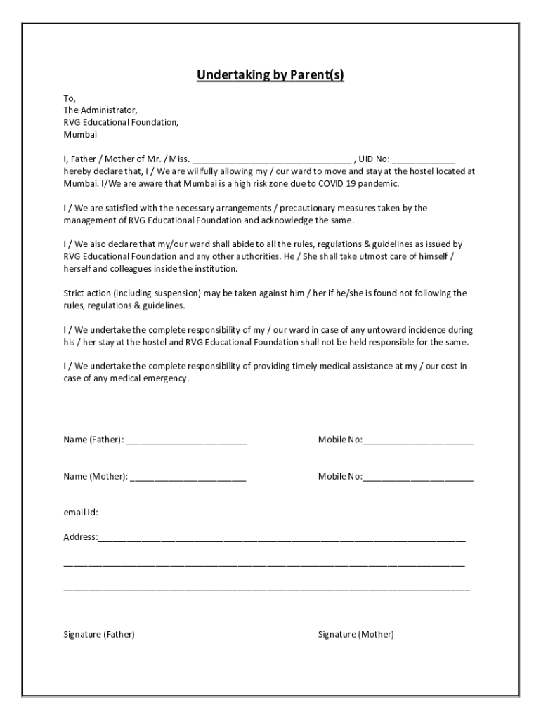 Fillable Online Undertaking by Parent(s) - RVG EDUCATIONAL FOUNDATION Fax Email Print - pdfFiller