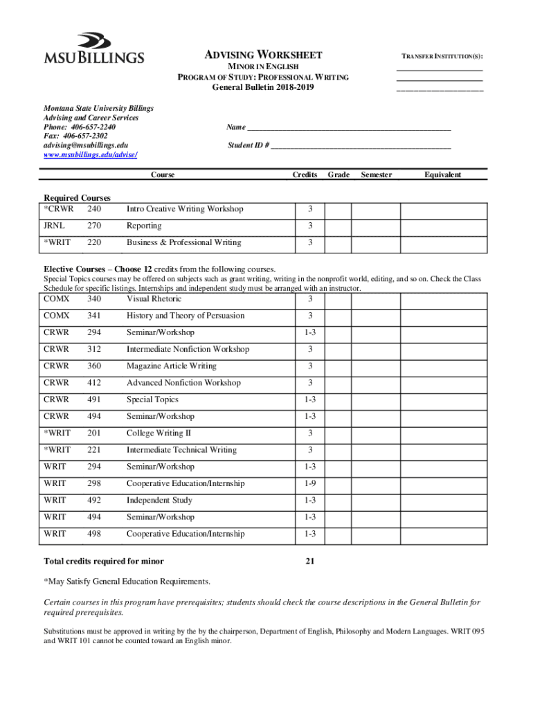 Fillable Online MINOR IN ENGLISH Fax Email Print - pdfFiller