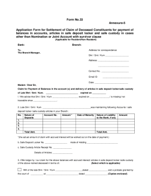 Fillable Online Form No.33 Annexure-5 Application Form for Settlement of Claim of ... Fax Email ...