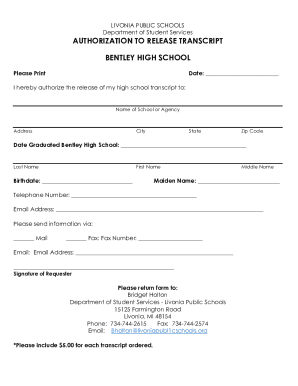 Fillable Online authorization to release transcript - Livonia Public Schools Fax Email Print ...