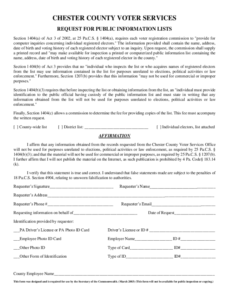 Fillable Online chester county voter services - request for public ...