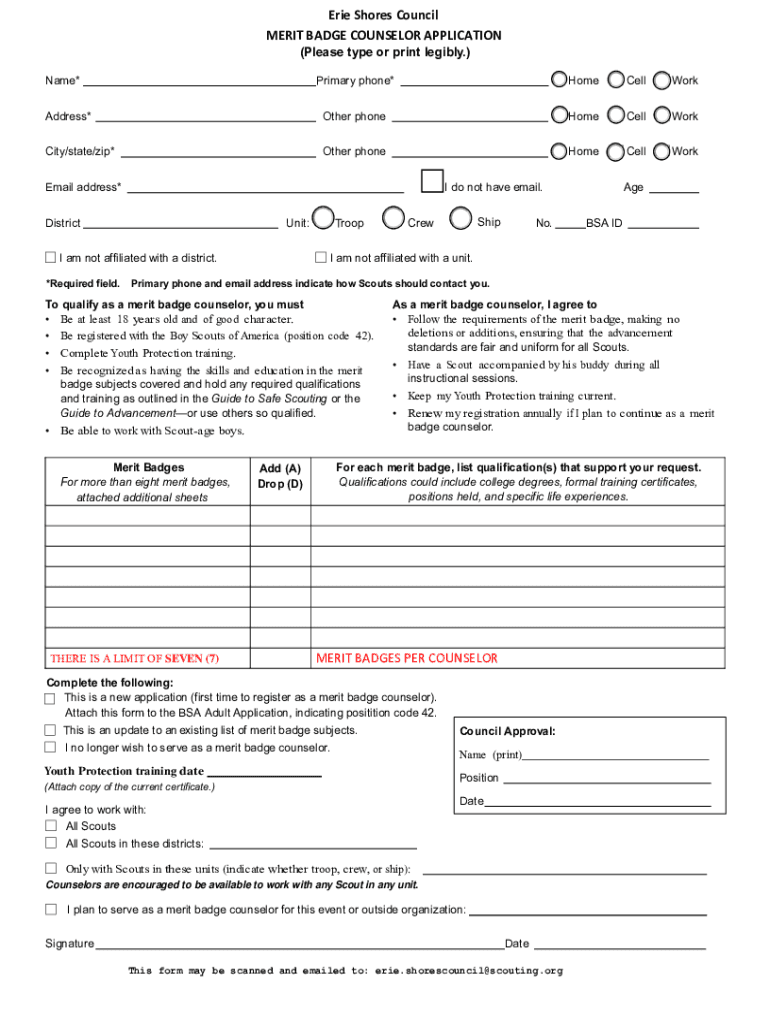 Fillable Online Erie Shores Council MERIT BADGE COUNSELOR APPLICATION ...