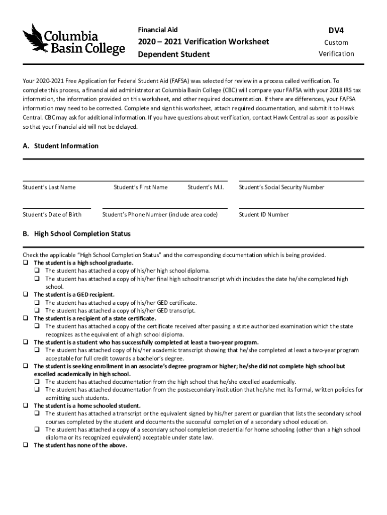 Fillable Online 20202021 Verification Worksheet Dependent Student DV4 Fax Email Print - pdfFiller