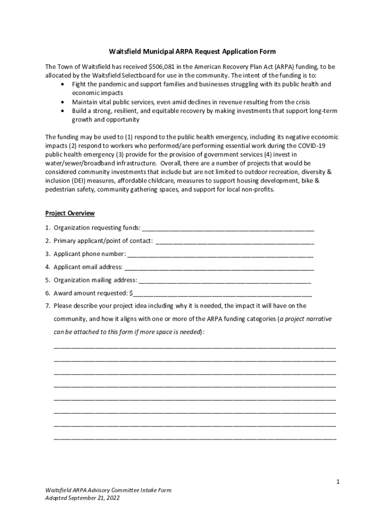 Fillable Online Waitsfield Municipal ARPA Request Application Form Fax Email Print - pdfFiller