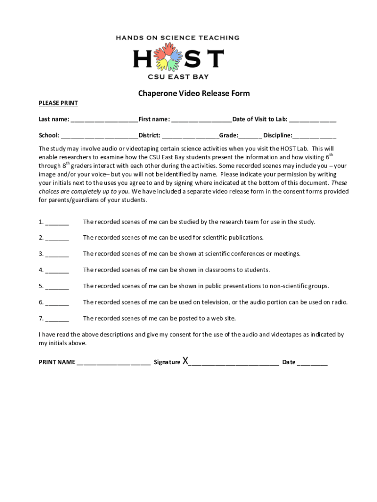 Fillable Online HOST Chaperone Video Consent Form.docx Fax Email Print - pdfFiller
